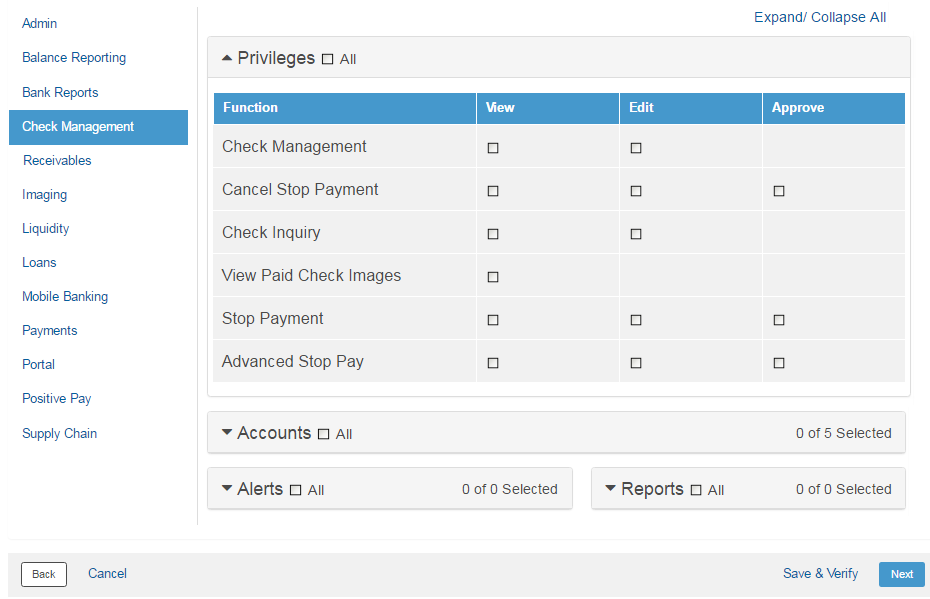 Specifying permissions for check management